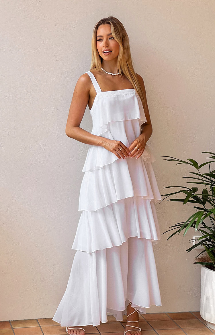 Brielle White Layered Frill Maxi Dress | Beginning Boutique AU