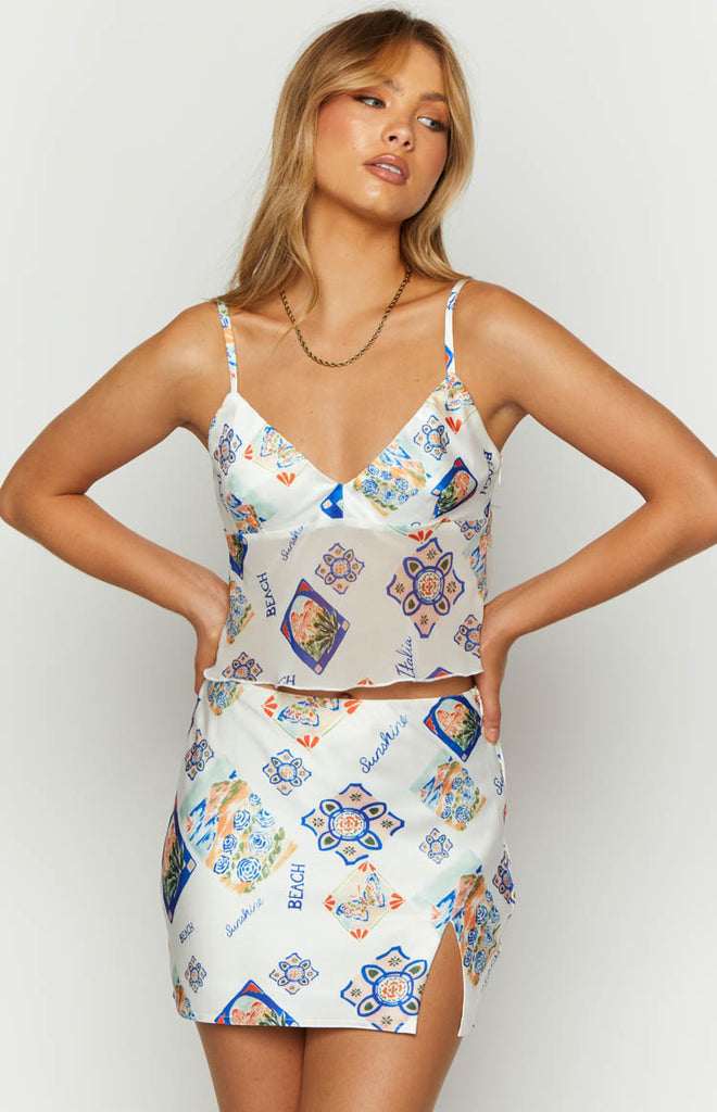Miranda White Satin Italia Print Mini Skirt – Beginning Boutique