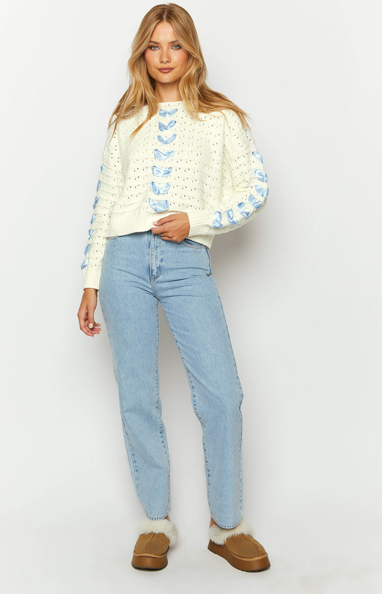 Darling White Knit Blue Ribbon Sweater – Beginning Boutique