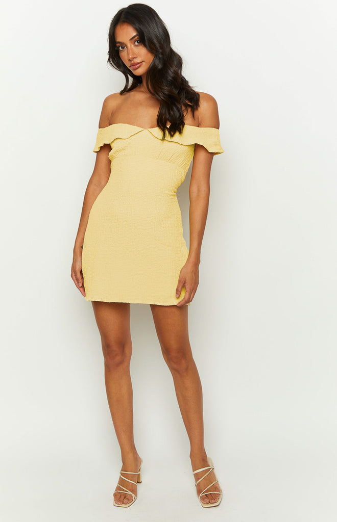 Daydreaming Yellow Off Shoulder Mini Dress – Beginning Boutique