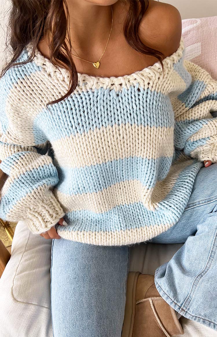 Delvey Light Blue Striped Chunky Knit Sweater – Beginning Boutique