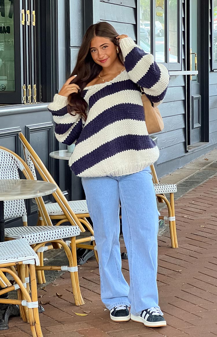 Delvey Navy Striped Chunky Knit Sweater – Beginning Boutique