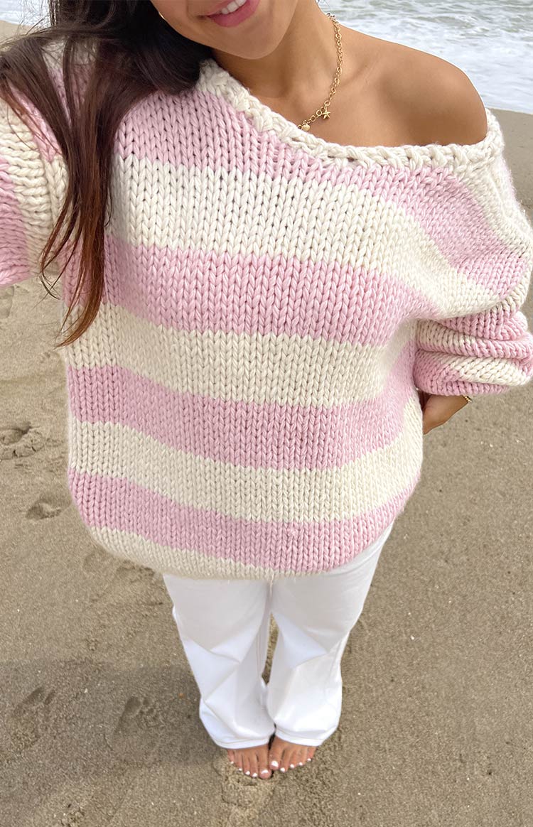Delvey Pink Striped Chunky Knit Sweater – Beginning Boutique