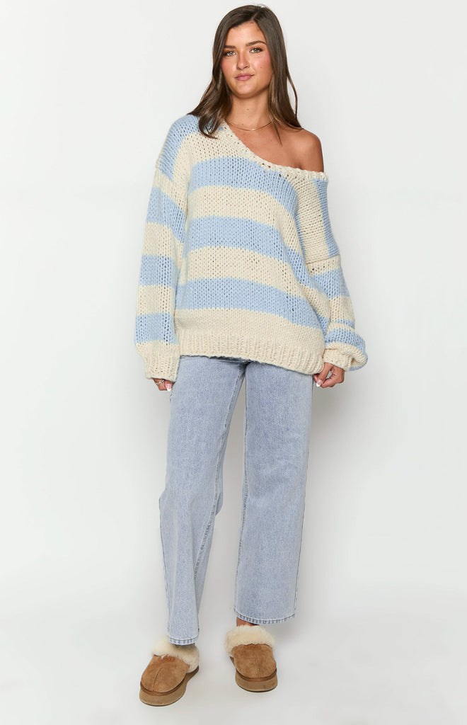 Delvey Light Blue Striped Chunky Knit Sweater – Beginning Boutique