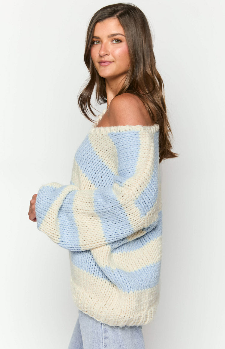 Delvey Light Blue Striped Chunky Knit Sweater – Beginning Boutique