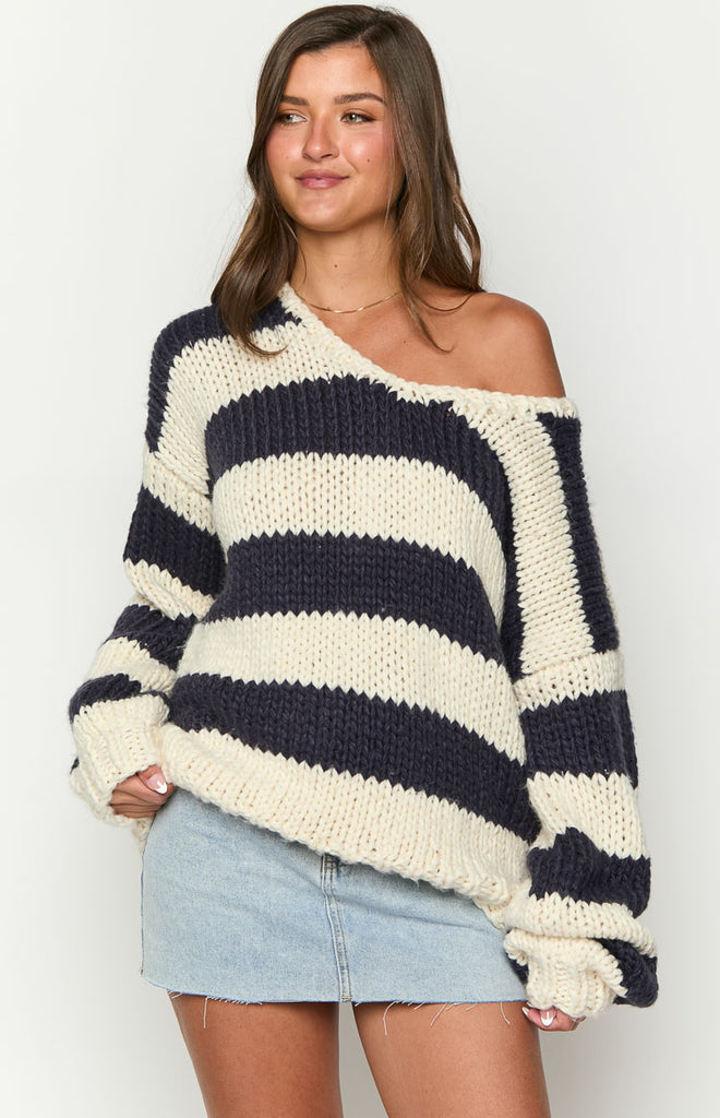 Delvey Navy Striped Chunky Knit Sweater – Beginning Boutique