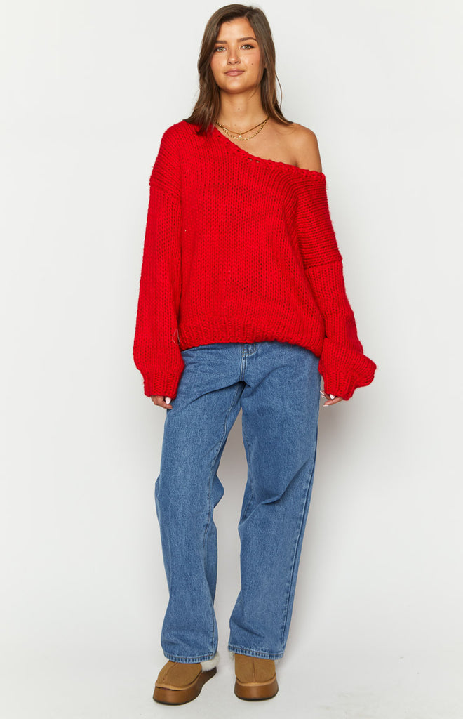 Delvey Red Chunky Knit Sweater – Beginning Boutique