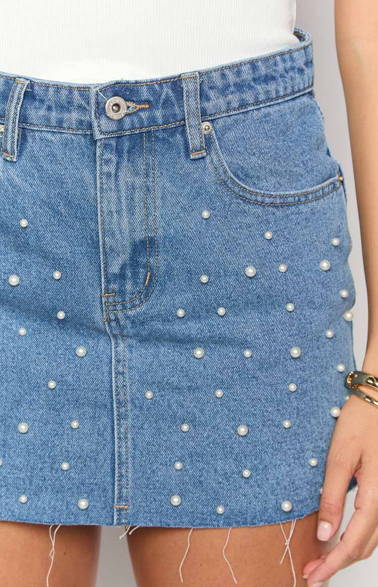 Denim Dazzle Pearl Mid Wash Mini Skirt | Beginning Boutique AU