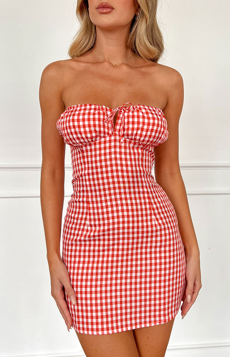 Faith Red Gingham Strapless Mini Dress – Beginning Boutique