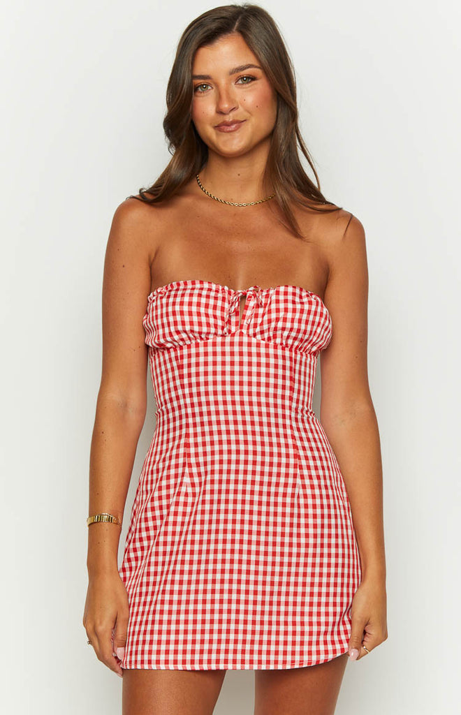 Faith Red Gingham Strapless Mini Dress – Beginning Boutique