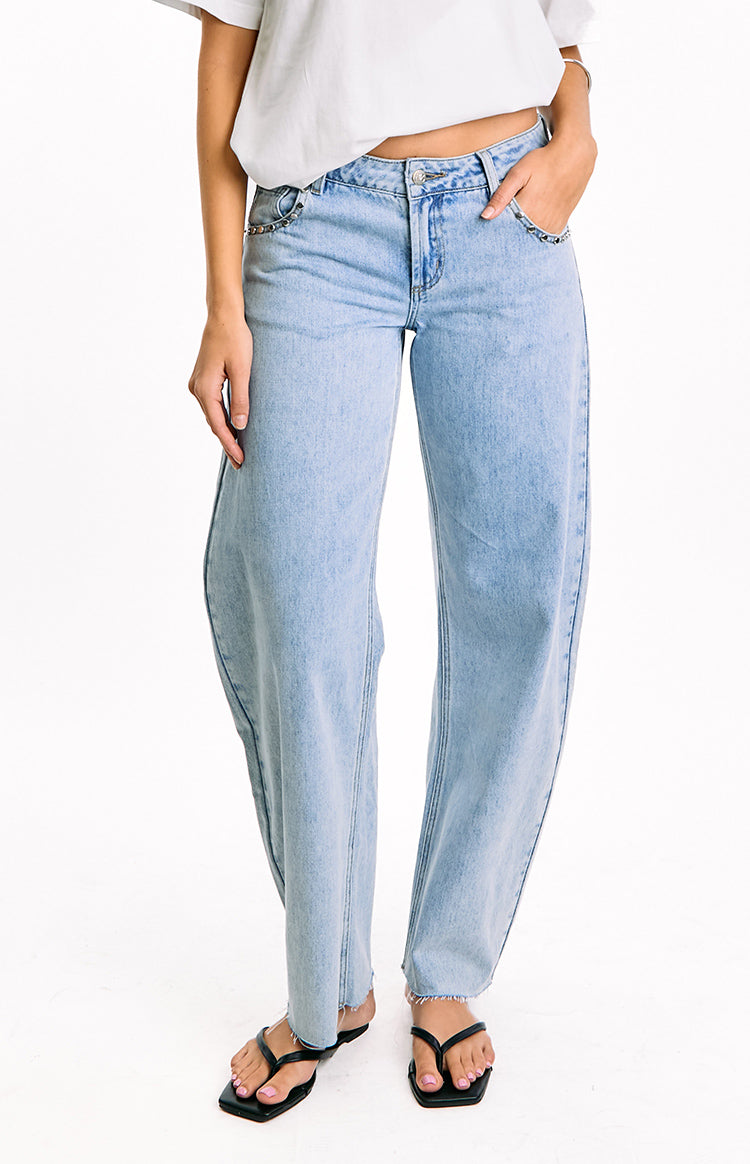 Jannina Light Wash Denim Studded Low Rise Jeans | Beginning Boutique AU