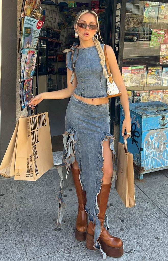 Lioness Rendezvous Faded Denim Maxi Skirt – Beginning Boutique