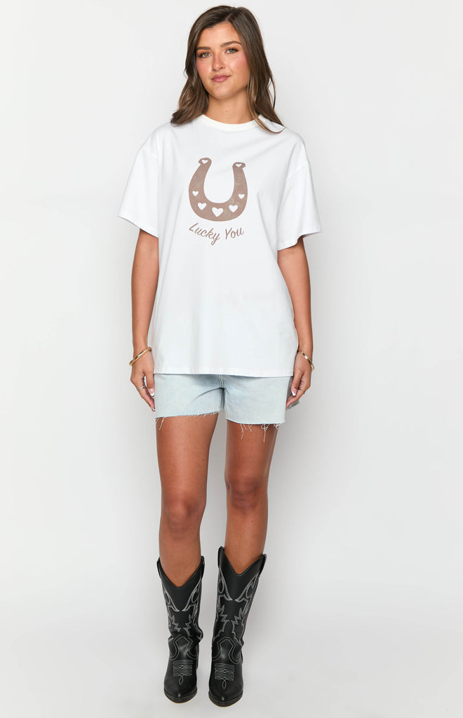 Lucky You White Western Tee – Beginning Boutique