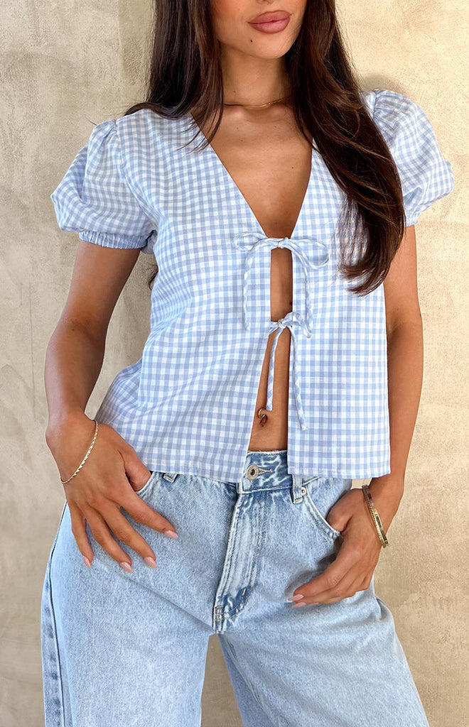 Lunya Blue Gingham Tie Up Top – Beginning Boutique