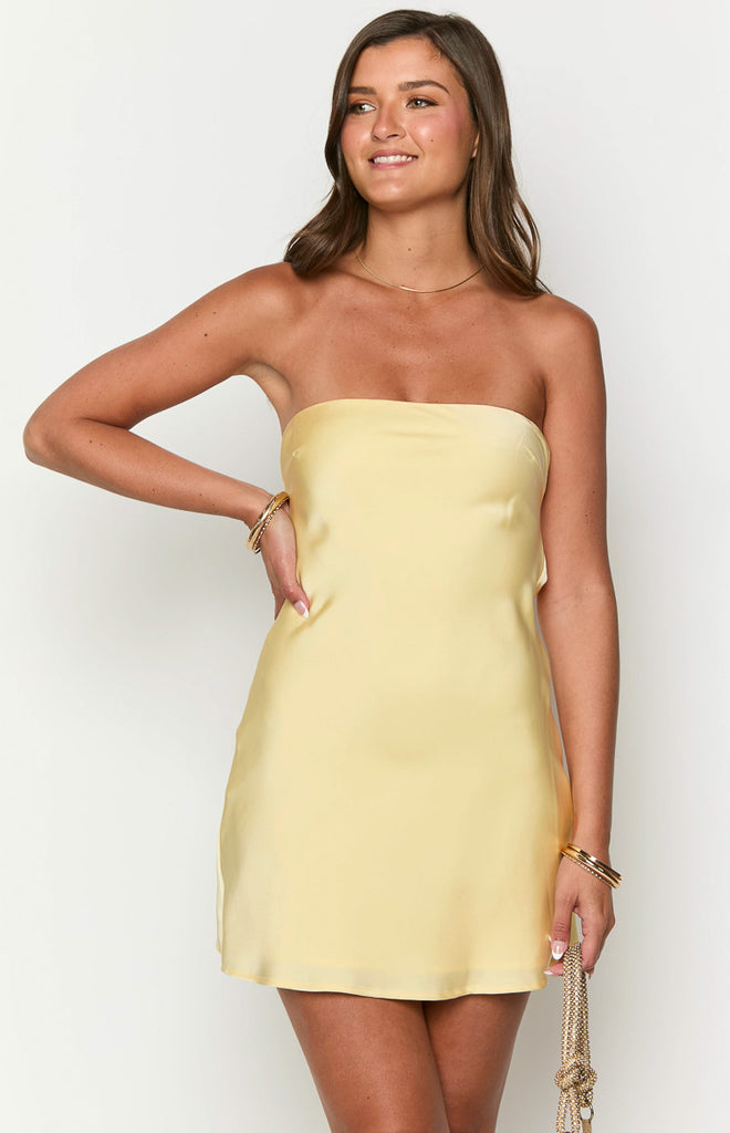 Mylee Yellow Satin Strapless Mini Dress – Beginning Boutique