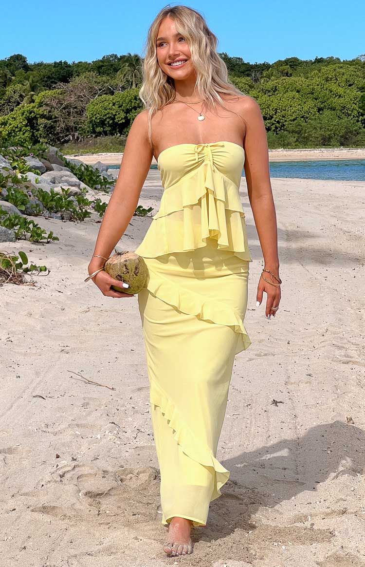 Raleigh Yellow Ruffle Strapless Top – Beginning Boutique