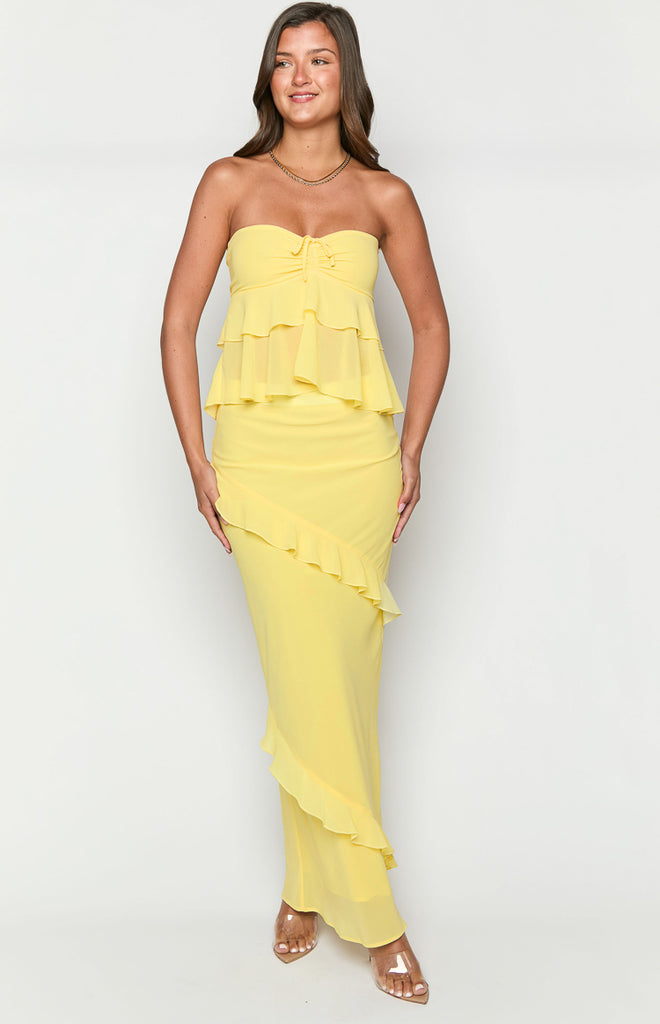 Raleigh Yellow Ruffle Strapless Top – Beginning Boutique