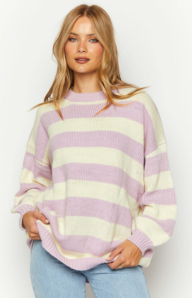 Snuggle Lilac Striped Oversized Striped Sweater – Beginning Boutique