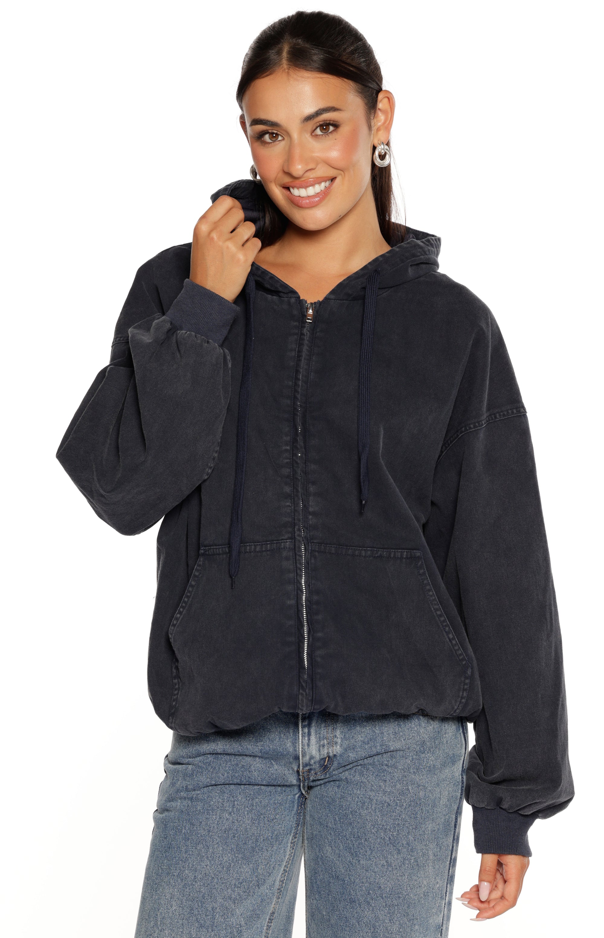 Tate Washed Navy Oversized Hooded Jacket | Beginning Boutique AU
