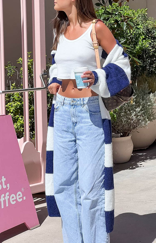 Thaddeus Blue And White Striped Knit Cardigan – Beginning Boutique
