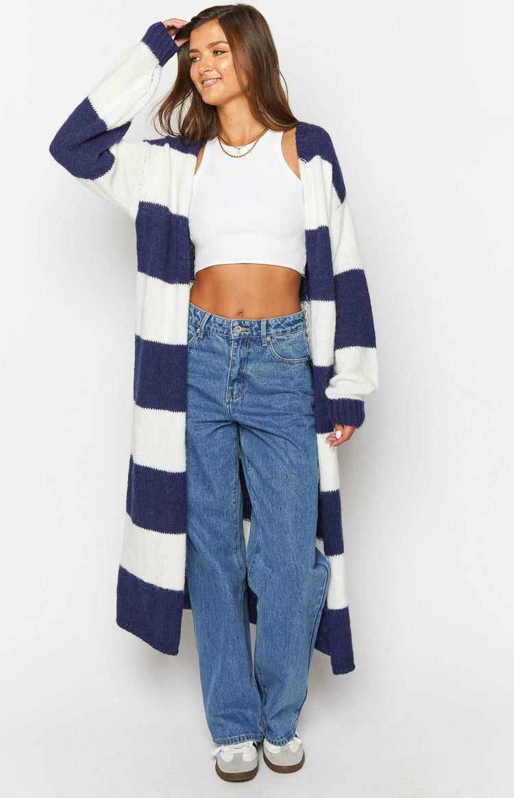Thaddeus Blue And White Striped Knit Cardigan – Beginning Boutique