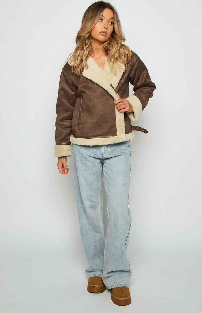 Aviator Brown Sherpa Jacket – Beginning Boutique