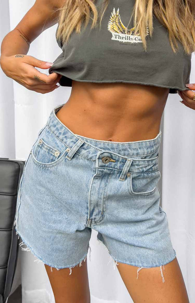 Sundae Blue Denim Asymmetric Shorts – Beginning Boutique